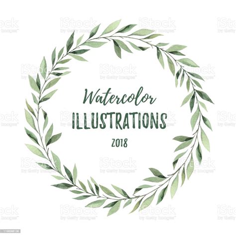 손으로 그린 수채화 그림입니다 녹색 가지와 잎의 식물 화환 여름 분위기 꽃 무늬 요소 초대장 인사말 카드 인쇄물 포스터 포장에 적합 0명에 대한 스톡 벡터 아트 및 기타