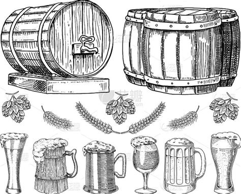 葡萄酒或朗姆酒、啤酒等古典木桶为田园景观。大麦、小麦、麦芽和啤酒花。用墨水刻字，手绘旧素描和复古风格素材 花瓣网