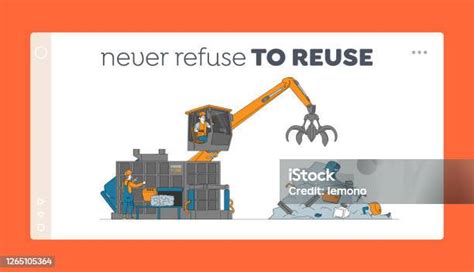 스크랩메탈 재활용 및 랜딩 페이지 템플릿 재사용 작업자 캐릭터 제어 크레인 팔 로딩 및 프레스 금속 스크랩 고물 집적소에 대한 스톡 벡터 아트 및 기타 이미지 Istock