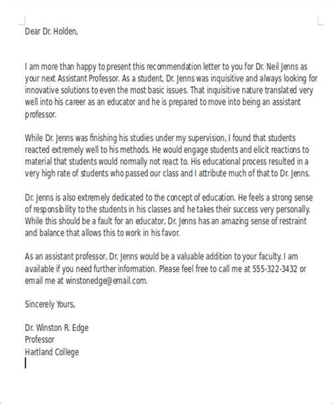 Free 9 Sample Teaching Position Recommendation Letter Templates In Ms Word