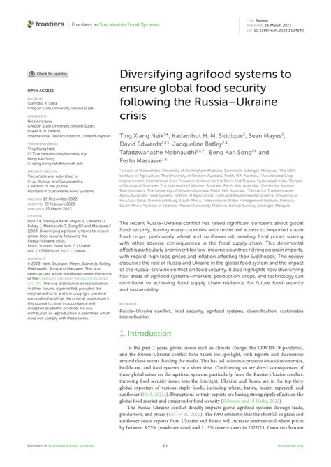 Pdf Diversifying Agrifood Systems To Ensure Global Food Security Following The Russiaukraine
