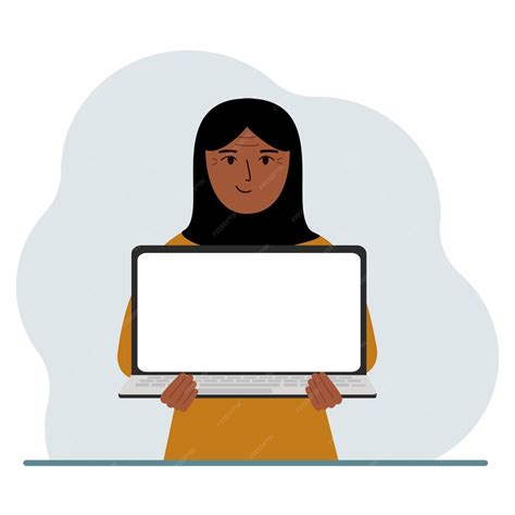 Premium Vector The Woman Is Holding A Laptop With The Screen Facing Away From Him On The