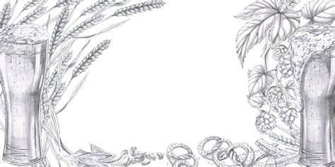 맥주 두 파인트 옥수수 이삭 홉 가지가 있는 직사각형 프레임 펍 메뉴 인테리어 광고 브로셔 디자인을 위한 사실적인 스타일의 고립된 연필 그림 Ale에 대한 스톡 벡터 아트