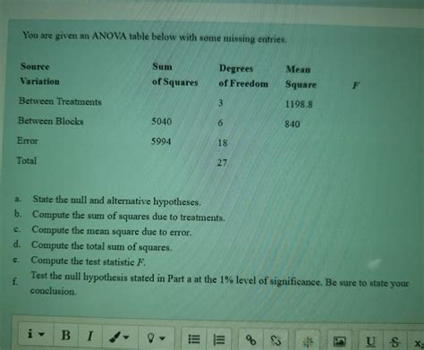 Solved You Are Given An Anova Table Below With Some Missing