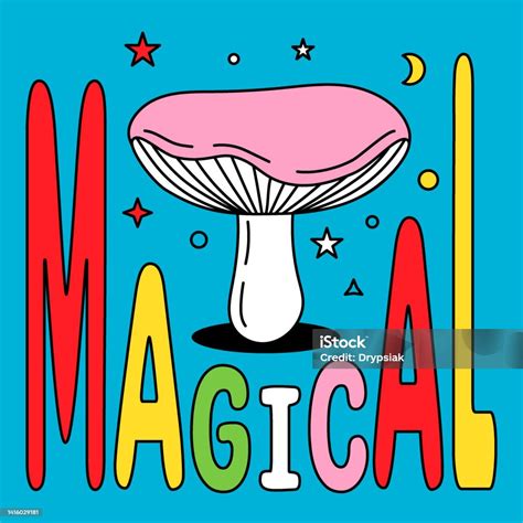 마법의 버섯 편지 손으로 그린 포스터 환각버섯 포스터 70 년대 히피 스타일 일러스트레이션 티셔츠 또는 스티커 용 버섯 인쇄 A4 용지에 대한 스톡 벡터 아트 및 기타