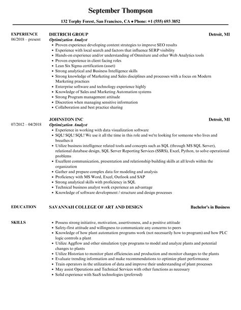 Optimization Analyst Resume Samples Velvet Jobs