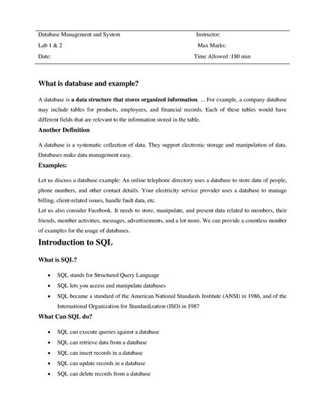 database systems lab manual what is database and example a database