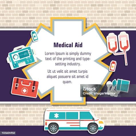 벽돌에 구급차 구조 요소 스티커 스타일 디자인 배경 포스터 벽 벡터 일러스트 레이 션 템플릿 카드 개념 간호사에 대한 스톡 벡터 아트 및 기타 이미지 Istock