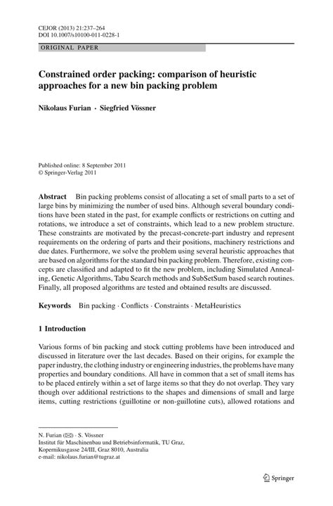 Pdf Constrained Order Packing Comparison Of Heuristic Approaches For A New Bin Packing Problem