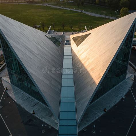 Aerial View Of A Modern Building With A Striking Design Featuring Triangular Angular Stock