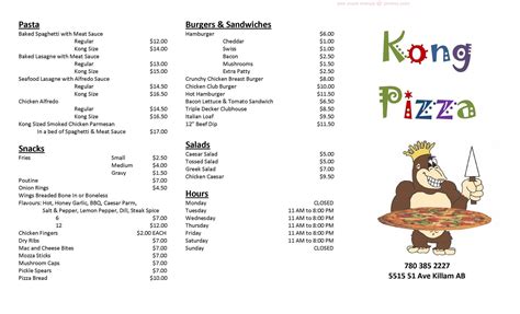 Online Menu Of Kong Pizza Restaurant Killam Alberta T0b 2l0 Zmenu