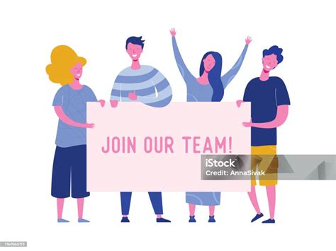 채용 배너를 들고 행복한 사람들 사람 캐릭터와 채용 개념 기관 인터뷰 우리 팀에 합류 웹 방문 페이지 프리젠 테이션 소셜 미디어에 대한 템플릿 벡터 일러스트레이션 채용에