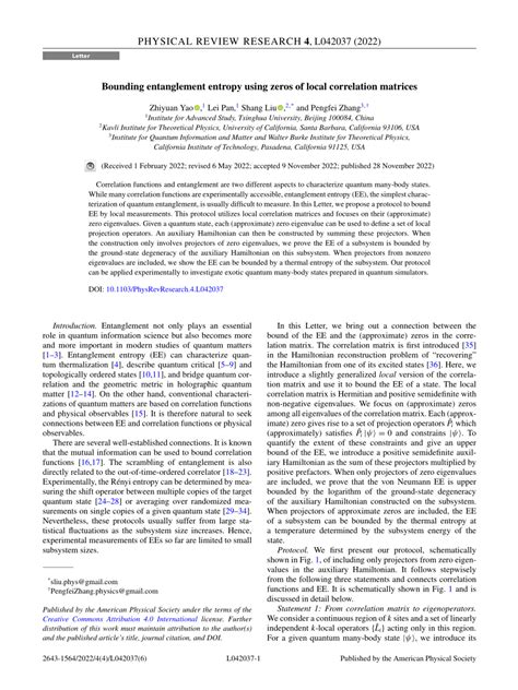 pdf bounding entanglement entropy using zeros of local correlation