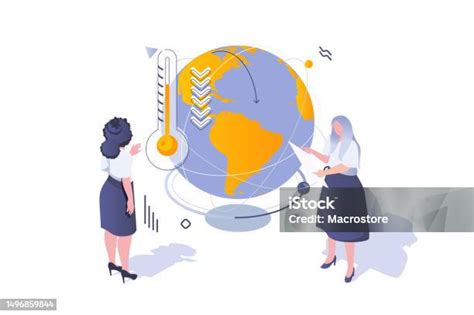 3d 아이소메트릭 디자인의 에코 라이프스타일 개념 환경 운동가들은 지구의 기후 변화와 지구 온도 상승을 연구합니다 웹 그래픽을 위한 아이소메트릭 인물 장면이 있는 벡터 그림