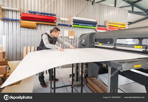 Technician Worker Operator Works Large Premium Industrial Printer