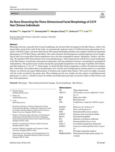Pdf De Novo Dissecting The Three Dimensional Facial Morphology Of 2379 Han Chinese Individuals