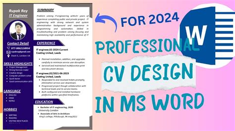 Professional Cv In Ms Word Cv Design Newvideo Technology Youtube