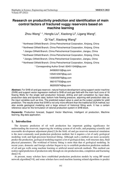 Pdf Research On Productivity Prediction And Identification Of Main