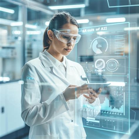 Premium Photo Woman In Lab Coat Using Tablet To Analyze Data In Front Of Screen With Graphs