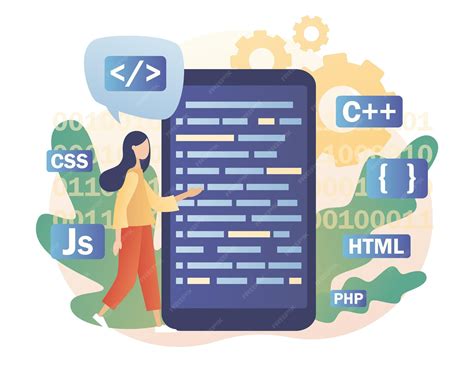 Premium Vector Programming And Engineering Development Tiny Woman Programmer Or Developer