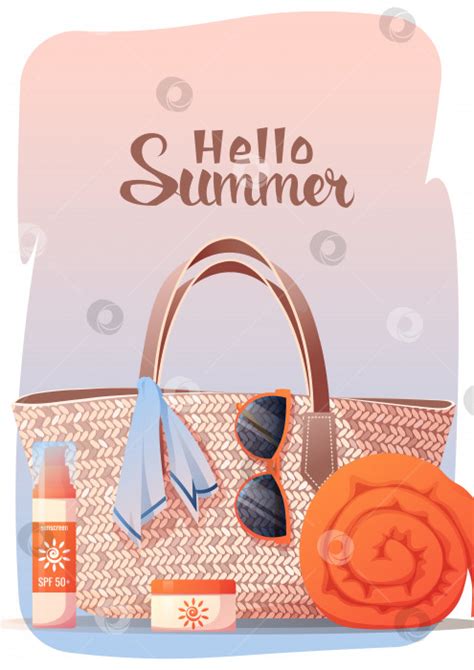 Плакат с пляжной сумкой и летними аксессуарами Летнее время здравствуй лето Солнцезащитный
