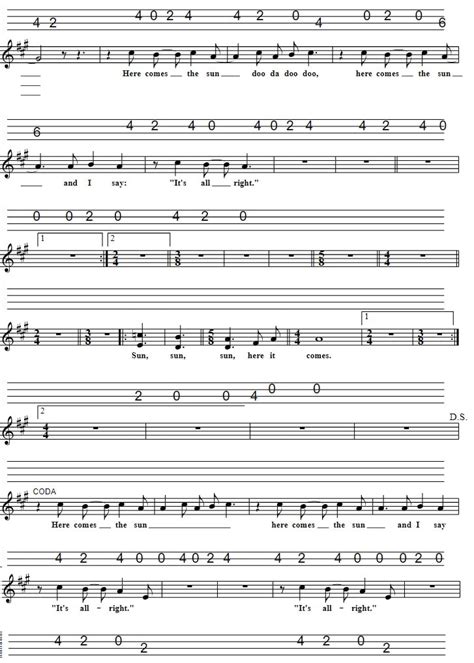 Here Comes The Sun Mandolin Tab By The Beatles Tenor Banjo Tabs