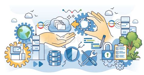 managed cloud services with upload and storage servers outline hands concept stock vector