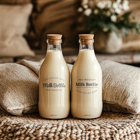 Premium Psd Glass Milk Bottle Mockup