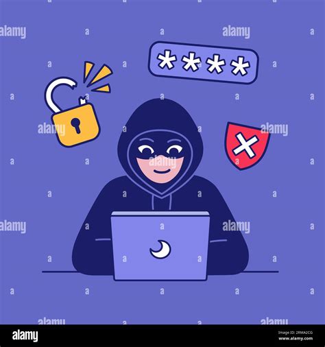 Hacker With Laptop Computer Stealing Passwords And Breaking In
