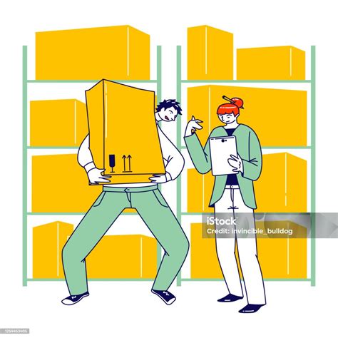 재고 관리자 캐릭터 창고의 랙에 판지 상자에 누워 상품을 회계 우체국 매장 또는 재고 생산 구색 창고 유통 선형 사람 벡터 일러스트레이션 경영자에 대한 스톡 벡터 아트 및