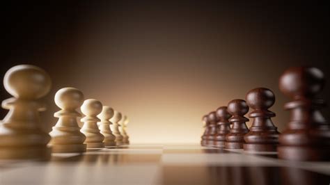 3d 렌더링 체스 게임 시작 위치 따뜻한 빛으로 빛나는 체스 판에 두 줄의 폰이 서 있습니다 갈색에 대한 스톡 사진 및 기타