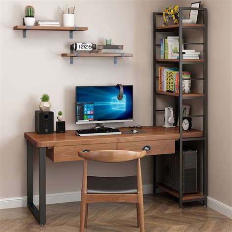 北欧电脑台式桌实木家用loft书桌书架组合写字办公桌书柜书桌一体 虎窝淘