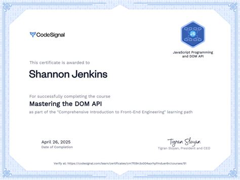 Course Certificate For Mastering The Dom Api Shannon Jenkins
