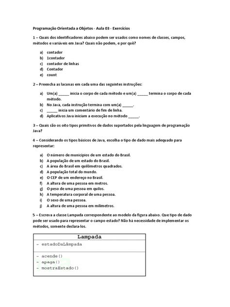 Poo Aula 03 Exercicios Pdf Classe Programação De Computadores