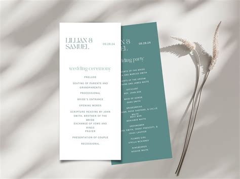 Modern Wedding Program Template Minimalist Wedding Template Editable