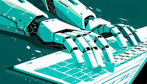 a robot hand typing on a laptop computer stock image image of blue