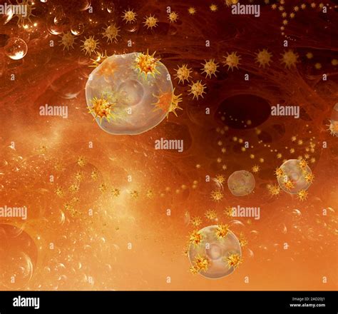 Virus Attacking A Cells Computer Illustration Of Virus Particles Virions Orange Attacking