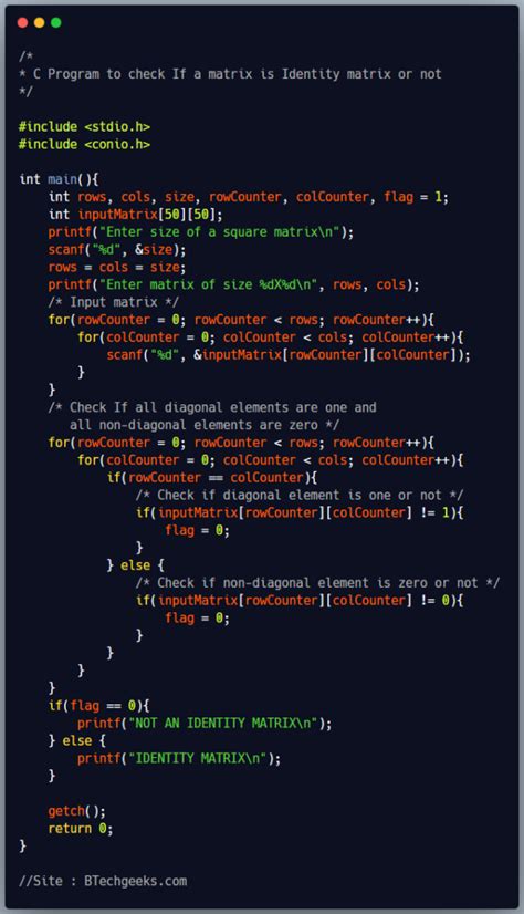 C Program To Check Identity Matrix BTech Geeks