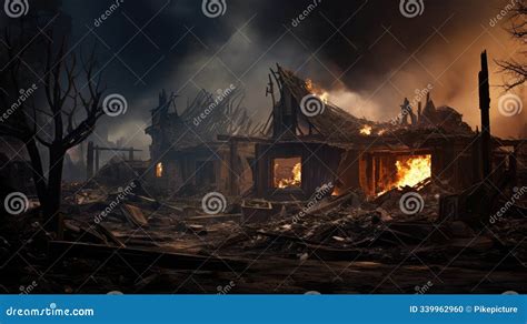 House On Burned Hillside Single House Fire Aftermath Rural Landscape