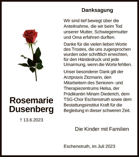 Traueranzeigen Von Rosemarie Dusenberg Trauerhnade
