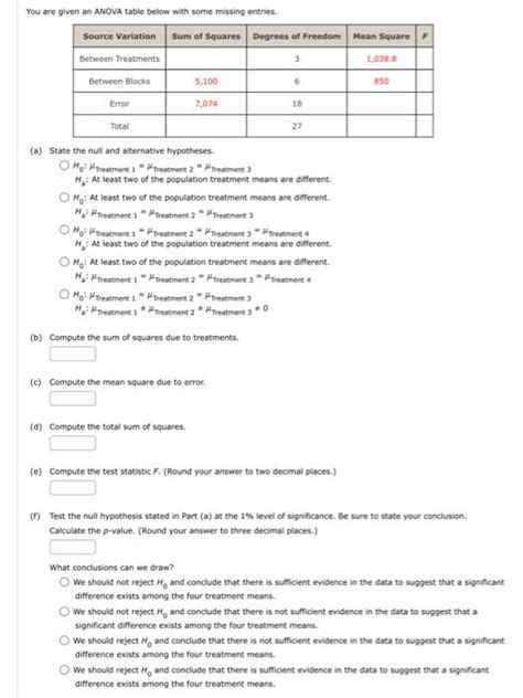 solved you are given an anova table below with some missing