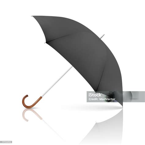 흰색 배경에 격리 벡터 3d 현실적인 렌더링 검은 빈 우산 아이콘 클로즈업 모형 브랜딩 광고 등을 위한 열린 파라솔의 디자인 템플릿 정면 보기 3차원 형태에 대한 스톡 벡터