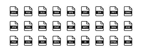 파일 아이콘 컴퓨터 기호의 문서 형식  Pdf Doc Rar Eps Txt Zip Ppt 기호 비디오 파일 기호 프레젠테이션 오디오 디자인 아이콘 검정색 벡터 격리