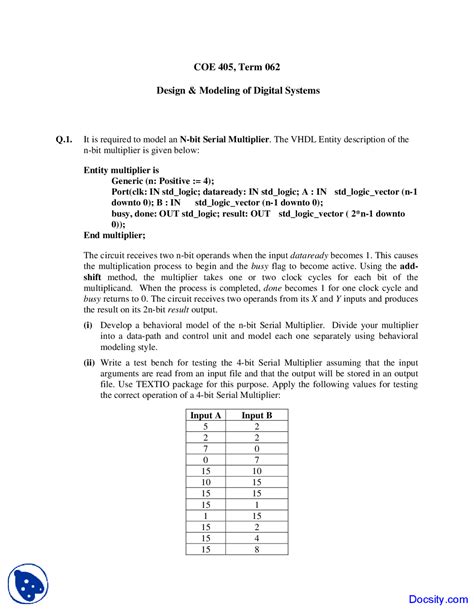 n bit serial multiplier design and modeling of digital systems quiz