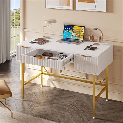 47 Inch Fluted Computer Desk With Storage White And Gold