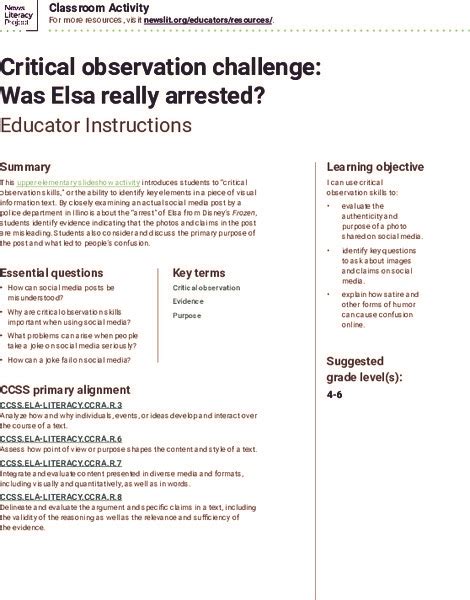 Critical Observation Challenge Was Elsa Really Arrested Activity For 4th 6th Grade Lesson