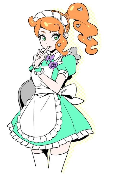 rule 34 1girls apron breasts dede qwea 00000 green eyes heart hair ornament holding tray