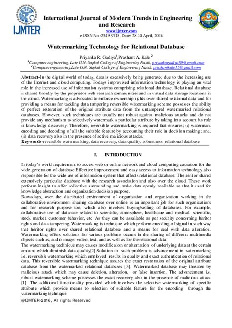 Pdf Watermarking Technology For Relational Database
