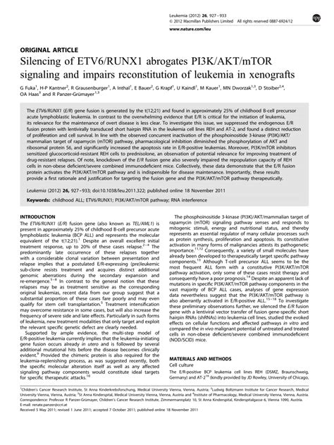 Pdf Silencing Of Etv6runx1 Abrogates Pi3kaktmtor Signaling And