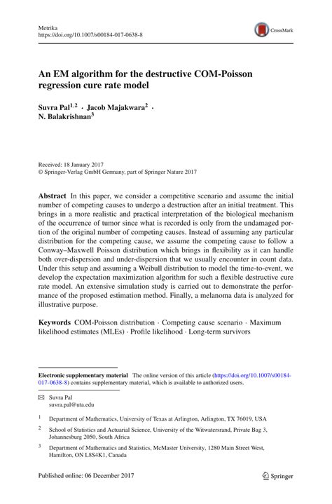Pdf An Em Algorithm For Destructive Com Poisson Regression Cure Rate